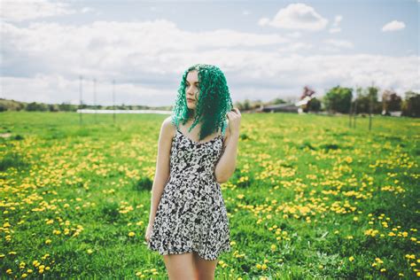 배경 화면 햇빛 야외 여성 여자들 모델 염색 한 머리카락 꽃들 멀리보고 파란 머리 자연 잔디 녹색 곱슬 머리 여름 드레스 사바나 다 라스 식물