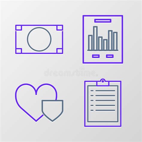 Set Line Clipboard With Checklist Heart Shield Document Graph Chart And Stacks Paper Money