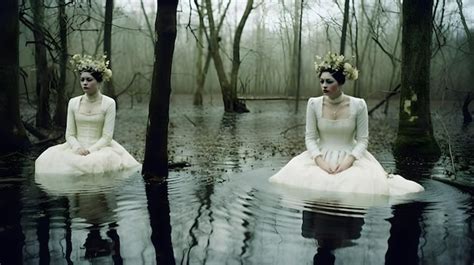 Premium AI Image Two Women In White Dresses Sit In A Swamp With Trees In The Background