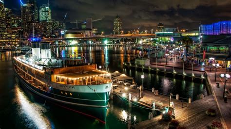 Wallpaper Lights Ship Boat City Street Cityscape Night