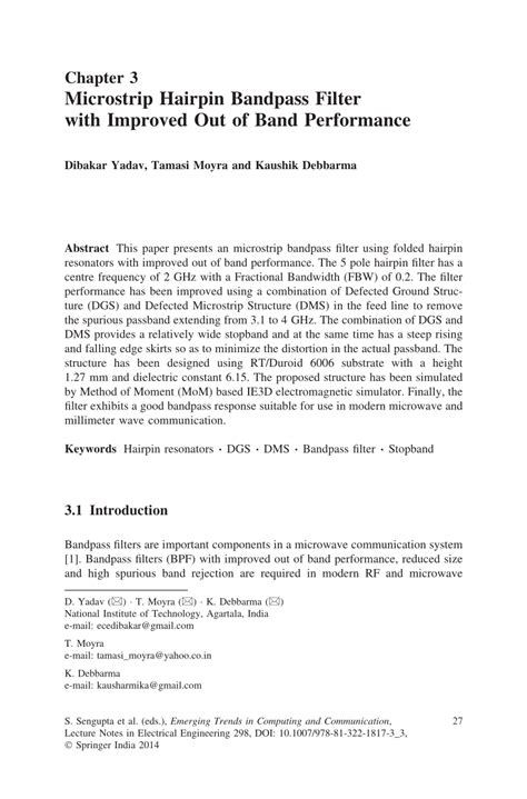 Pdf Microstrip Hairpin Bandpass Filter With Improved Out Of Band
