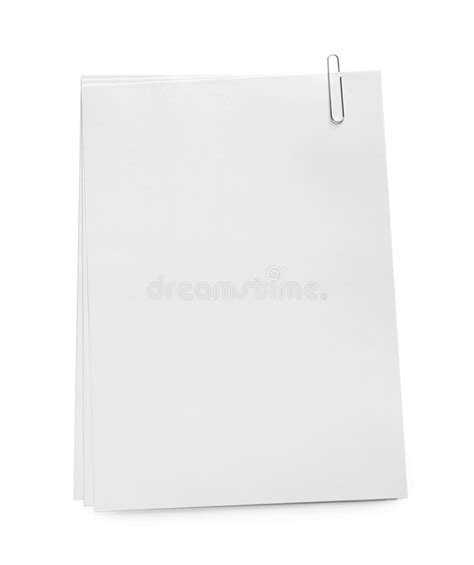 Blank Sheets Of Paper With Clip On White Background Top View Stock