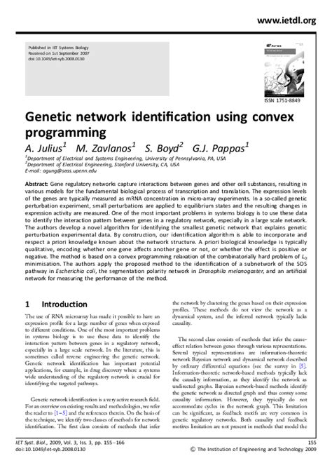 Pdf Genetic Network Identification Using Convex Programming