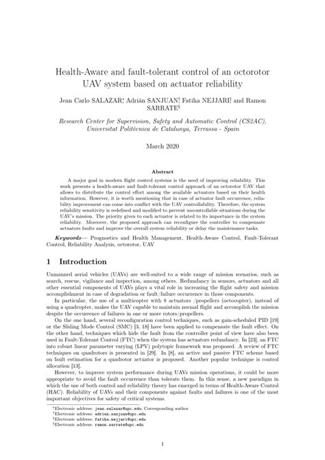 Pdf Health Aware And Fault Tolerant Control Of An Octorotor Uav System Based On Actuator