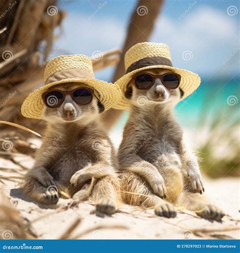 Two Funny Meerkats In Straw Hats And Sunglasses Are Relaxing On A Sandy