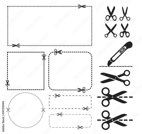 Set Of A Cut Out Coupon Rectangle Shape With Scissors Vector Illustration Isolated On White