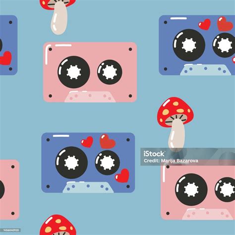 트렌디 한 발렌타인 데이 매끄러운 패턴 디자인 웹과 인쇄 카세트 버섯 복고풍 개념 포장 문구류 및 직물을 위한 반복 가능한 벡터 디자인 블루와 핑크 0명에 대한 스톡 벡터