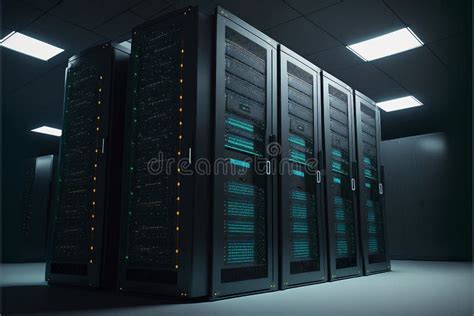 Mainframe Devices On Racks In Room With Big Data Cyber Internet Content Neon Light Cloud