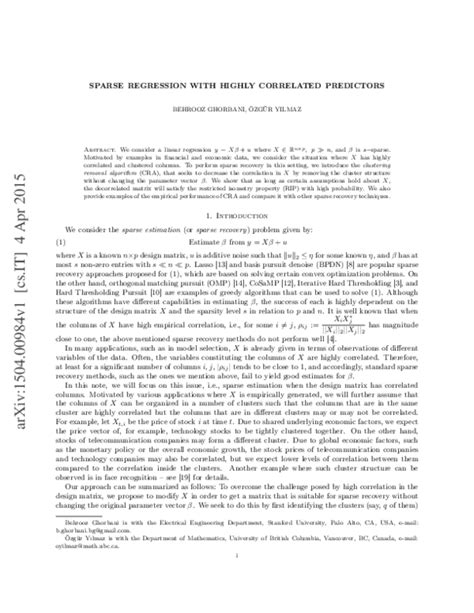 Pdf Sparse Regression With Highly Correlated Predictors Behrooz