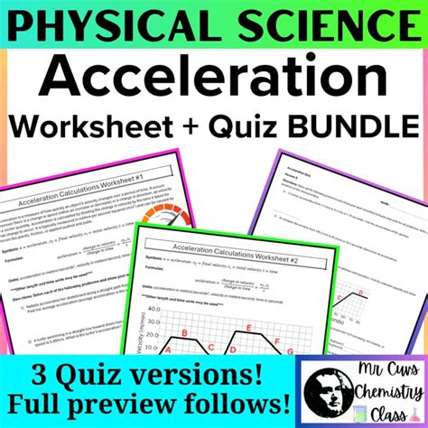 Physical Science Acceleration Calculations Worksheet Set And Quiz Bundle With Key