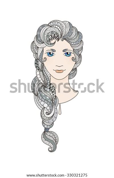 Beautiful Girl Intricately Patterned Zentangle Braid Stock Vector