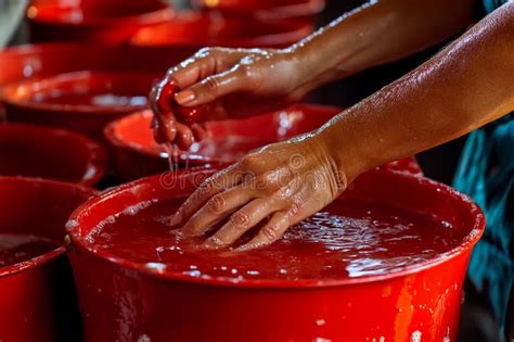 Crafting Vibrant Colors Through Traditional Dyeing Techniques In A Rustic Workshop Stock Image