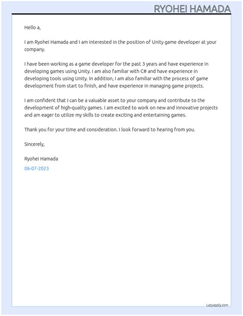 Cover Letter For Unity Game Developer Lazyapply
