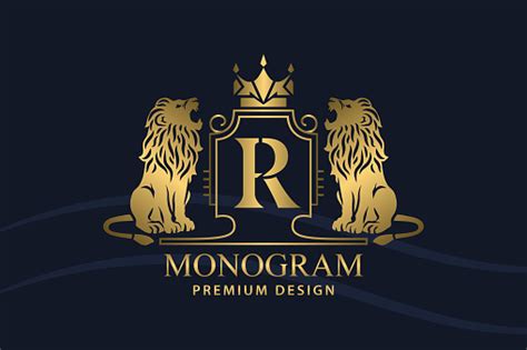 포효하는 라이온스와 함께 하는 황금색 코트 오브 암스 크라운이 있는 레터 R 아트 디자인 로얄 캐릭터가 있는 크리에이티브 로고