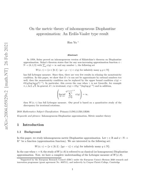 Pdf On The Metric Theory Of Inhomogeneous Diophantine Approximation An Erdh O S Vaaler Type
