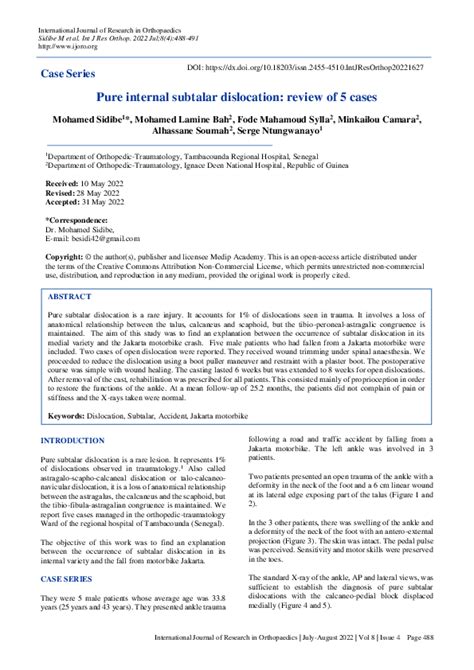 Pdf Pure Internal Subtalar Dislocation Review Of 5 Cases