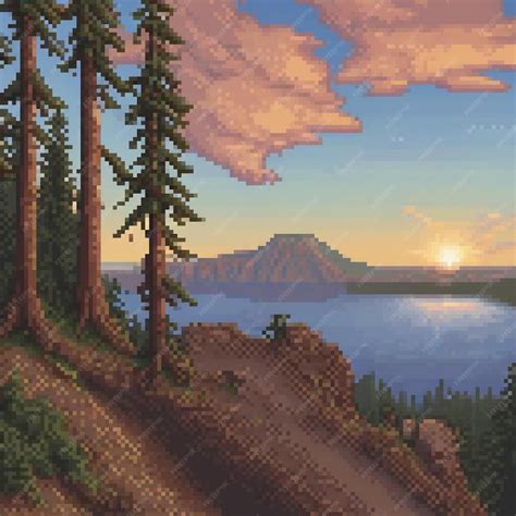Pixel Art Depicting A Serene Lake Surrounded By Lush Trees And Majestic