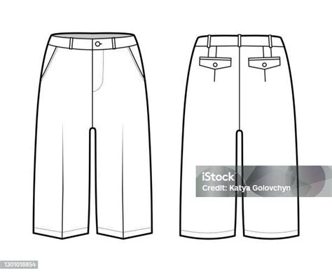 짧은 버뮤다 바지 기술 패션 일러스트 와 무릎 길이 낮은 허리 상승 슬래시 포켓 플랫 워킹 0명에 대한 스톡 벡터 아트 및 기타
