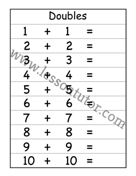 Addition Doubles Worksheet First Grade Lesson Tutor Worksheets