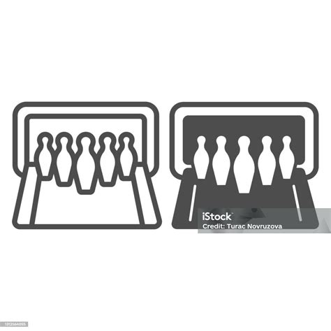 골목선과 단단한 아이콘 볼링 컨셉 흰색 배경에 핀 스키틀 사인 모바일 컨셉 과 웹 디자인을위한 윤곽 스타일의 볼링 공 스트라이크 아이콘에 스키틀 벡터 그래픽