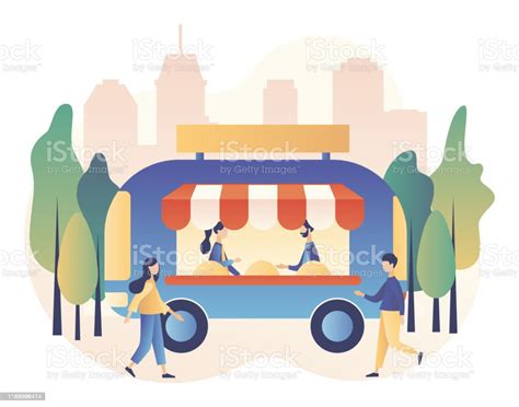 주말 축제 음식 거리 박람회 가족 축제 개념 야외 푸드 트럭 작은 사람들은 음식 축제 행사에서 길거리 음식을 구입합니다 현대 평면 만화 스타일입니다 벡터 일러스트레이션