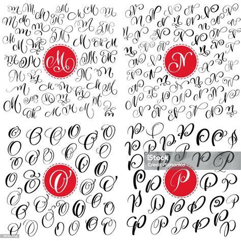손으로 그린 벡터 서 예 문자 M N O P 스크립트 글꼴의 집합입니다 잉크와 함께 작성 하는 고립 된 편지 필기 브러쉬 스타일입니다 아이콘 디자인 포스터를 포장에 대 한
