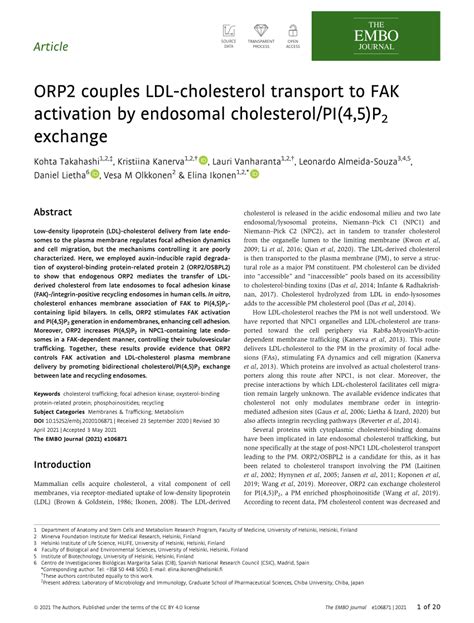 Pdf Orp2 Couples Ldl Cholesterol Transport To Fak Activation By