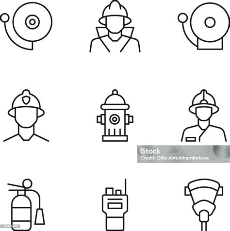 선 스타일로 그려진 벡터 격리 표지판 모음입니다 편집 가능한 획 화재 경보기 소방관 라디오 보호 마스크 소화기의 아이콘 경계 표지에 대한 스톡 벡터 아트 및 기타 이미지