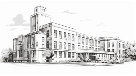 Art Deco Inspired School Building Drawing With Precision Engineering Stock Illustration