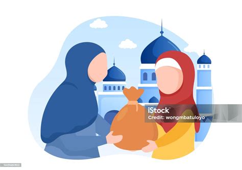 평면 만화 포스터 손으로 그린 템플릿 일러스트레이션에서 필요한 사람에게 자선 자카트 또는 인포크 기부를 제공하는 무슬림 사람들