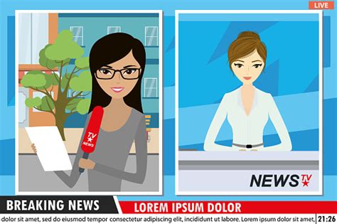 현대 텔레비전 스튜디오와 거리에 기자에 유럽 뉴스 앵커 우먼 두 화면 뉴스 캐스터에 대한 스톡 벡터 아트 및 기타 이미지 뉴스 캐스터 디자인 만화 Istock
