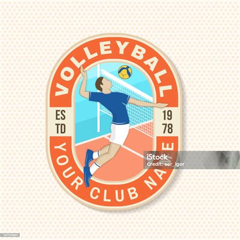 배구 클럽 패치 스티커 디자인 벡터 그림입니다 대학 리그 스포츠 클럽 엠블럼 사인 로고 빈티지 라벨 스티커 배구 공 선수 및 그물 실루엣이있는 패치 Championship에