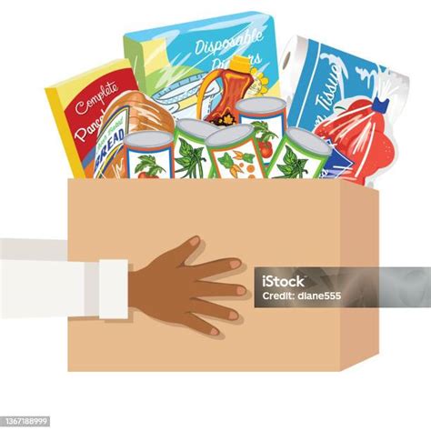 푸드 뱅크를 위한 음식 상자를 들고 있는 사람 플랫 컬러의 푸드 드라이브 디자인 음식에 대한 스톡 벡터 아트 및 기타 이미지 음식 자선기부 기부함 Istock