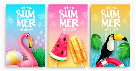 여름 벡터 포스터 세트 디자인 그것은 열대 시즌 컬렉션을위한 플라밍고 투칸과 아이스캔 요소와 다채로운 배경의 여름 시간 텍스트입니다 여름에 대한 스톡 벡터 아트 및 기타