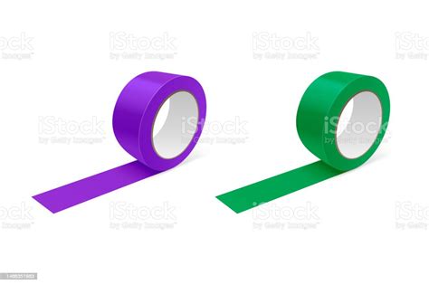 벡터 3d 현실적인 광택 보라색과 녹색 테이프 롤 아이콘 세트 흰색 배경에 격리된 모형 근접 촬영 모형을 위한 접착 테이프 롤 또는 접착 테이프를 포장하는 디자인