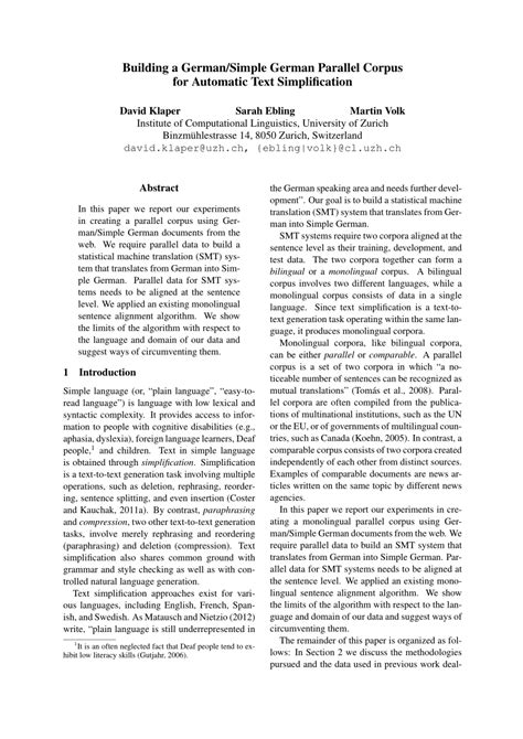 Pdf Building A Germansimple German Parallel Corpus For Automatic Text Simplification