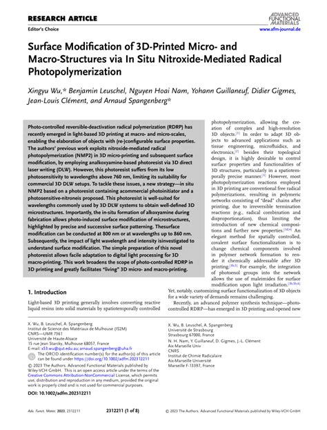 Pdf Surface Modification Of 3d‐printed Micro‐ And Macro‐structures Via In Situ Nitroxide