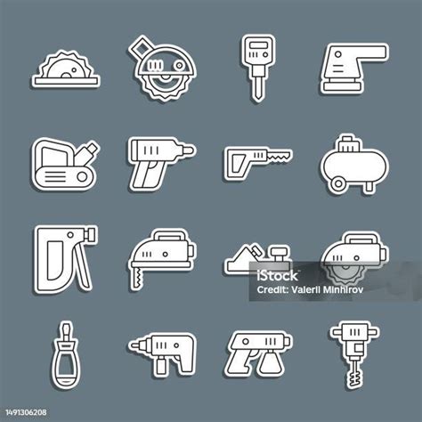 세트 라인 전기 핸드 콘크리트 믹서 원형 톱 공기 압축기 건설 착암기 무선 드라이버 대패 도구 및 왕복 아이콘 벡터 강철에 대한 스톡 벡터 아트 및 기타 이미지 Istock