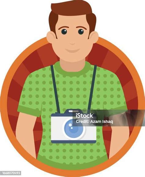 Dslr 컨셉을 가진 사진 작가 카메라맨 또는 다큐멘터리 벡터 라운드 아이콘 디자인 전문 유니폼 기호 전문 캐릭터 직업 기호 노동절 사람들 스톡 일러스트레이션 감정에 대한