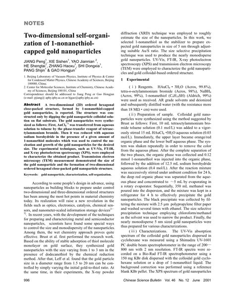 Pdf Two Dimensional Self Organization Of 1 Nonanethiol Capped Gold Nanoparticles