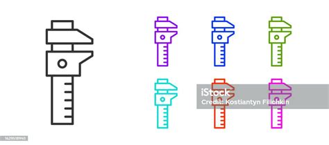 검은색 선 캘리퍼 또는 캘리퍼와 스케일 아이콘은 흰색 배경에 분리되어 있습니다 정밀 측정 도구 아이콘을 화려하게 설정합니다 벡터 3차원 형태에 대한 스톡 벡터 아트 및 기타