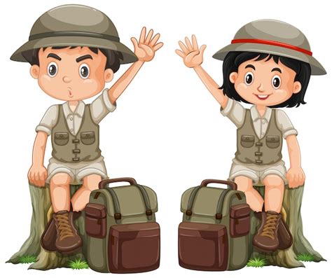 소년과 소녀 흰색 배경에 사파리 복장 무료 벡터