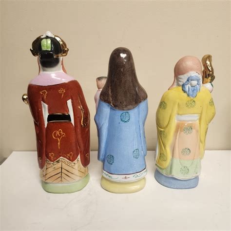 Chinese Deity Statues Set Of 3 Lucky Fu Lu Shou Hand Decorated Vintage