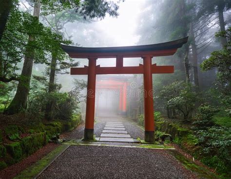 A Traditional Japanese Torii Gate Standing At The Entrance To A Forest