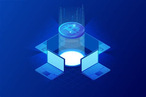 아이소메트릭 Bitcoin 마이닝 개념입니다 Cryptocurrency 및 Blockchain 개념입니다 마이닝 Bitcoins