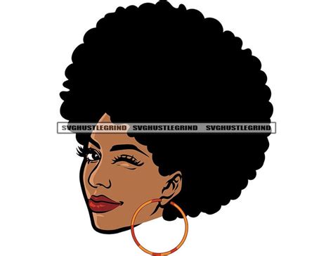 Black Woman Afro Hair Eye Winking Head Only Sideview Gold Hoop Earrings