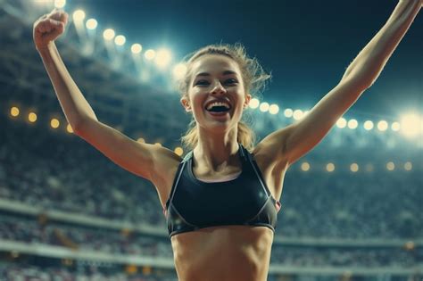 Premium Ai Image Athletic Young Woman Runner Celebrating Her Victory In A Stadium With Ai