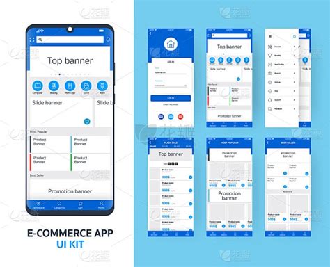 在线电子商务应用ui工具包响应移动应用不同的gui布局，包括登录，主页，类别，推广页面屏幕，蓝色主题素材 花瓣网