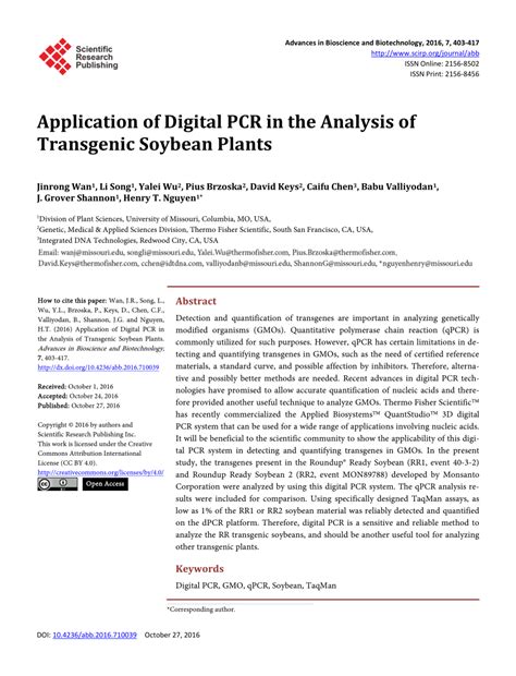 Pdf Application Of Digital Pcr In The Analysis Of Transgenic Soybean Plants