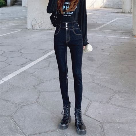 กางเกงยีนขายาว เอวสูง ทรงสกินนี่ 3 กระดุม ยืดหยุ่น เข้ารูป สไตล์เกาหลี แฟชั่นสําหรับผู้หญิง